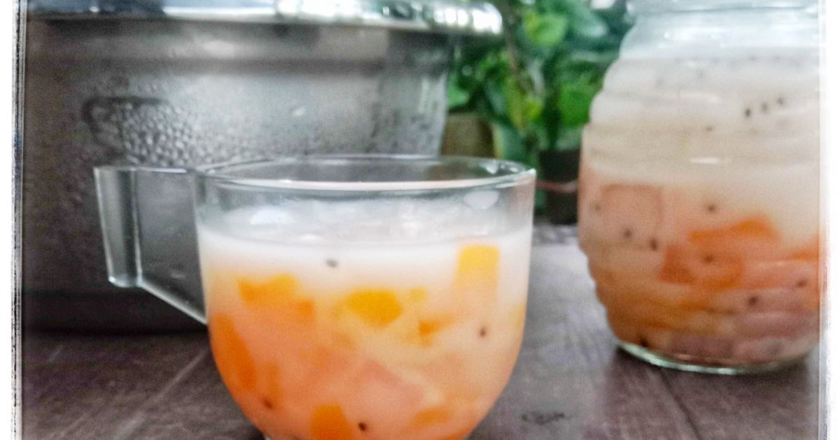 Resep Es Susu Jelly Mangga Nata De Coco Selasih oleh Aini Mama 2N 2R ...