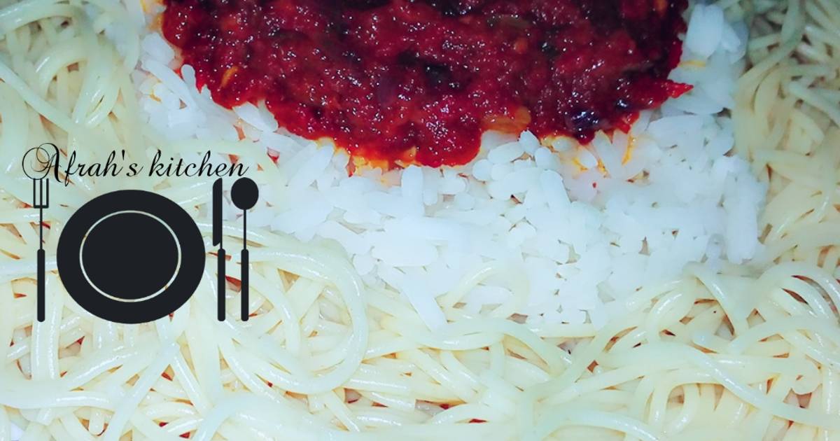 White rice and spaghetti with stew Recipe by Afrah's kitchen - Cookpad