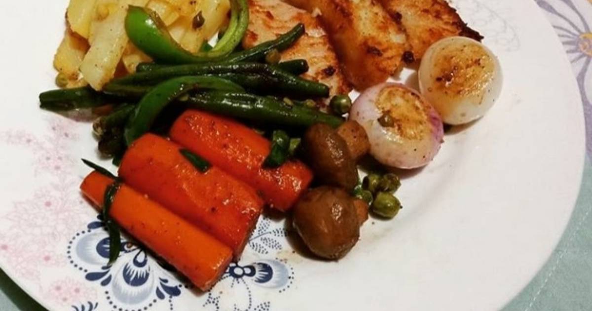 Fish stakes,grilled vegetables & mango milkshake Recipe by Humaira ...