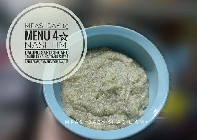 Resep MPASI 6M+ Menu 4 ☆》Nasi tim, daging sapi cincang, jamur kancing ...