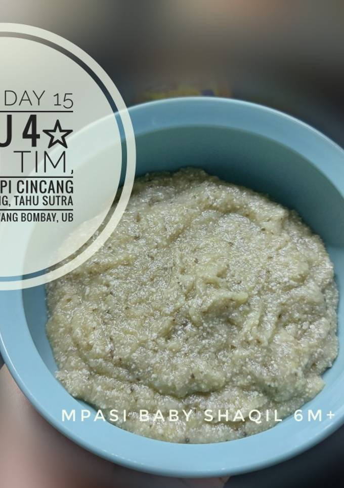 Resep MPASI 6M+ Menu 4 ☆》Nasi tim, daging sapi cincang, jamur kancing ...