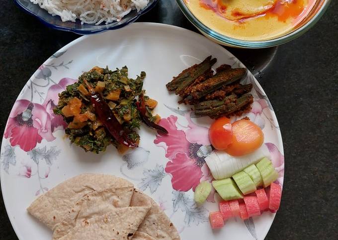Sunday lunch platter Rajasthani kadi,Radish bhujiya,bhindi rice Recipe ...