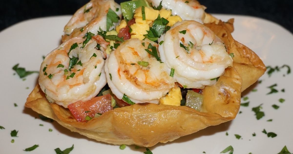 Fried Tortilla Hats With Black Bean Salad And Garlic Shrimp, Jon Style ...
