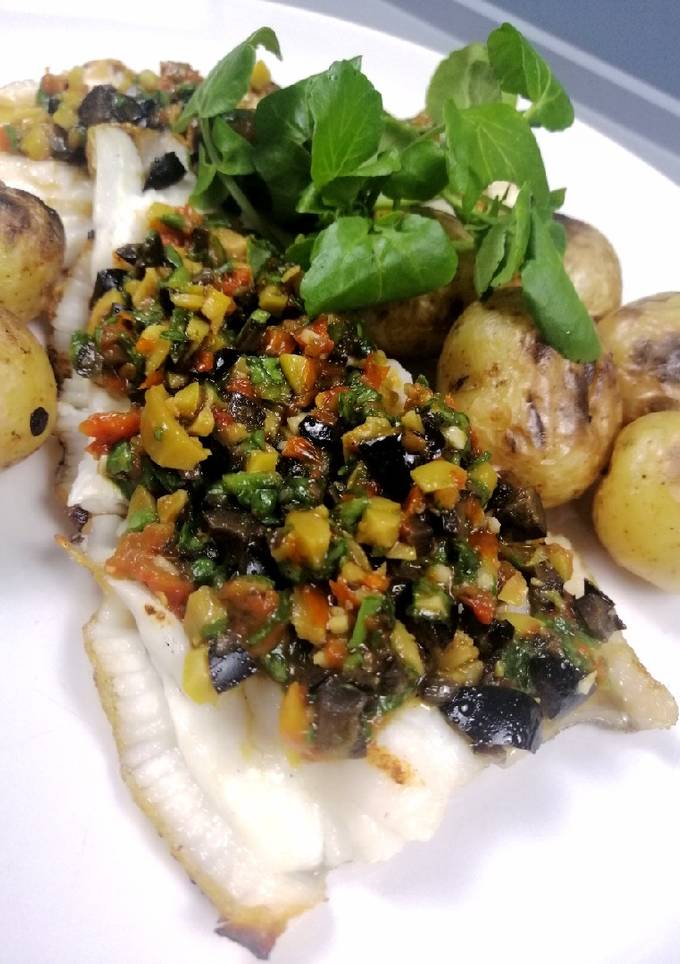 Grilled lemon sole with tapenade and baby potatoes Recipe by Fittest ...