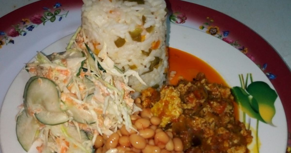 Buttered Veggie Rice, Palm Oil Egg Sauce,Baked Beans And Salad Recipe ...
