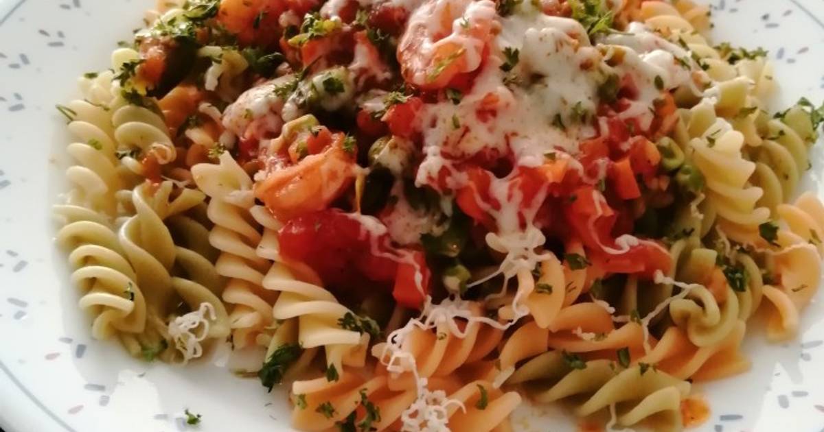 Fusilli primavera con camarones Receta de Juank- Cookpad
