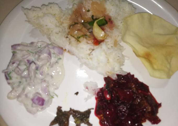Rice with guava saru Beetroot palya Onion raita,Papad Pickle Recipe by ...