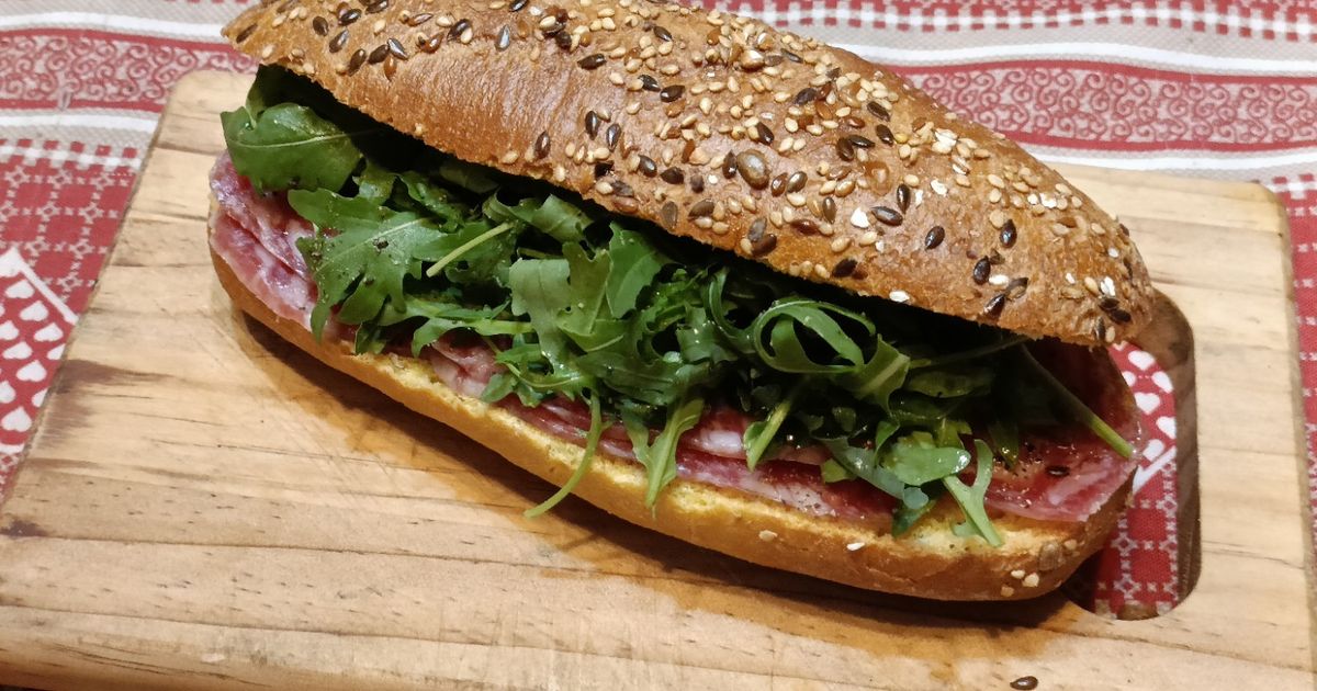 Ciabatta Sandwich With Salame Felino, Anchovy Fillets, And Arugula ...