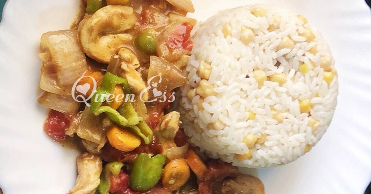White rice & chickpeas,+veg chicken Recipe by QueenEss - Cookpad