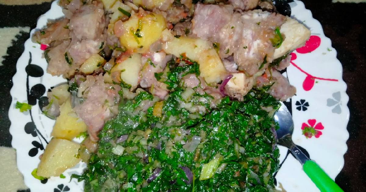 Fried nduma with beef and potato served. with spinach Recipe by Brian ...