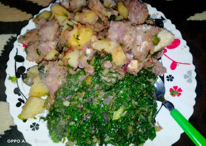 Fried nduma with beef and potato served. with spinach Recipe by Brian ...