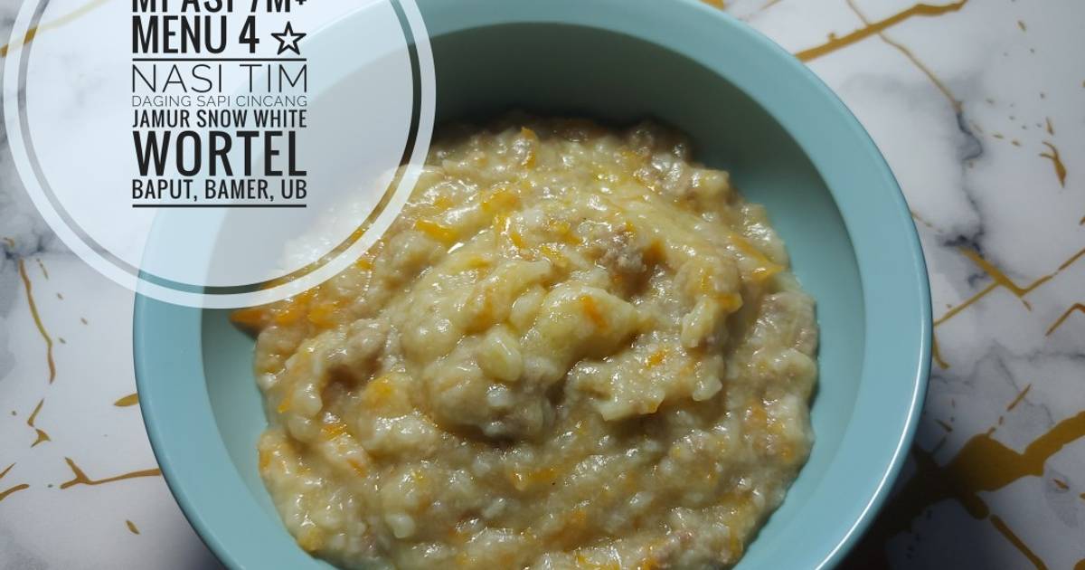 Resep MPASI 7M+ Menu 4 ☆》Nasi tim, daging sapi, jamur snow white oleh ...