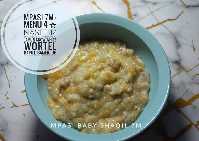 Resep MPASI 7M+ Menu 4 ☆》Nasi tim, daging sapi, jamur snow white oleh ...