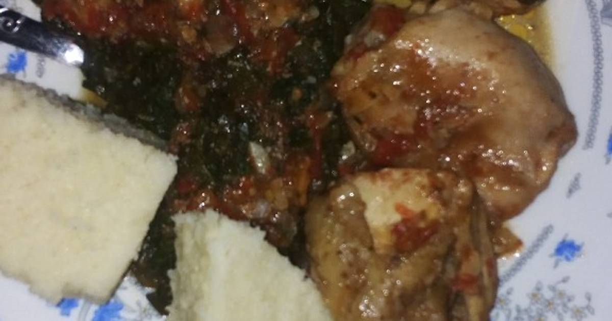 Cassava ugali with green vegetables and chicken Recipe by Leyona ...