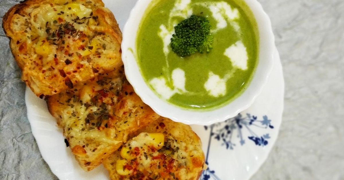 Tejal Hiten Sheth દ્વારા રેસીપી બ્રોકોલી આલમન્ડ સૂપ ચીઝી ગાર્લિક બ્રેડ ...