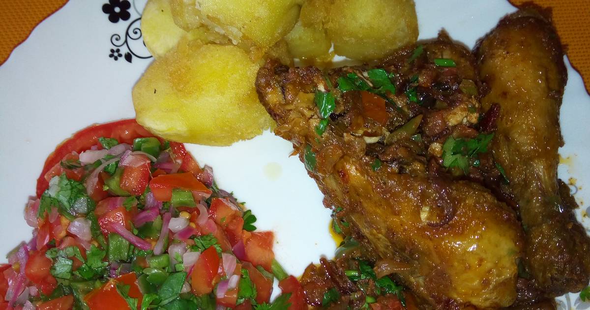 Wet fried chicken with crunchy roast potatoes Recipe by The Perfect ...