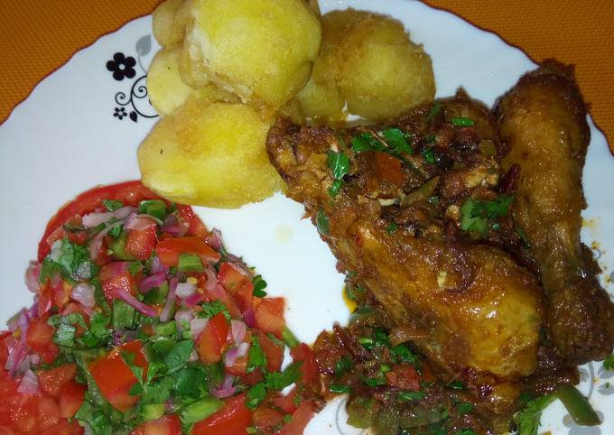 Wet fried chicken with crunchy roast potatoes Recipe by The Perfect ...
