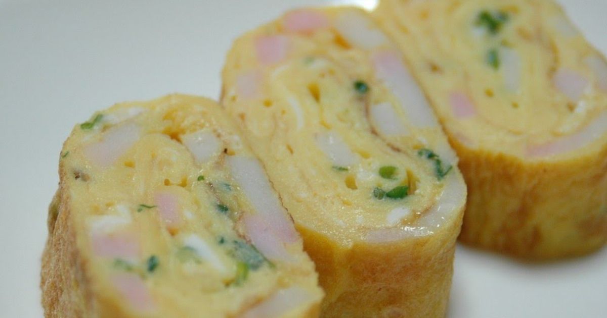 Rolled Omelette With Kamaboko Fish Cakes And Green Onions For ...