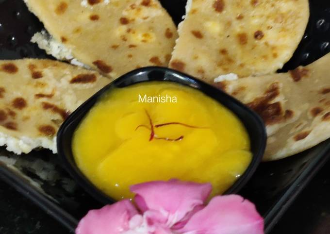 Oats Paneer stuffed coin paratha with Aamras Recipe by Manisha Malvi ...