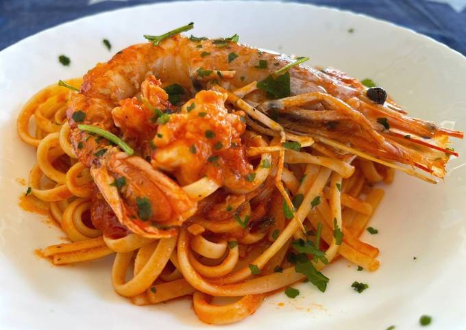 Ricetta Linguine con Gamberoni sfumati al Cognac e Pomodorini Freschi ...