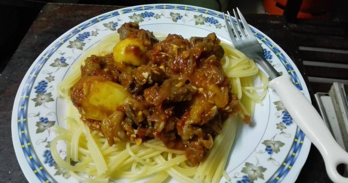 Spaghetti Beef stew with grilled potatoes Recipe by Ken - Cookpad
