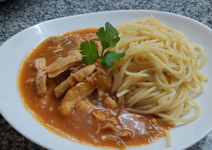 Spaghetti con estofado de pollo Receta de Javi Balderrama- Cookpad