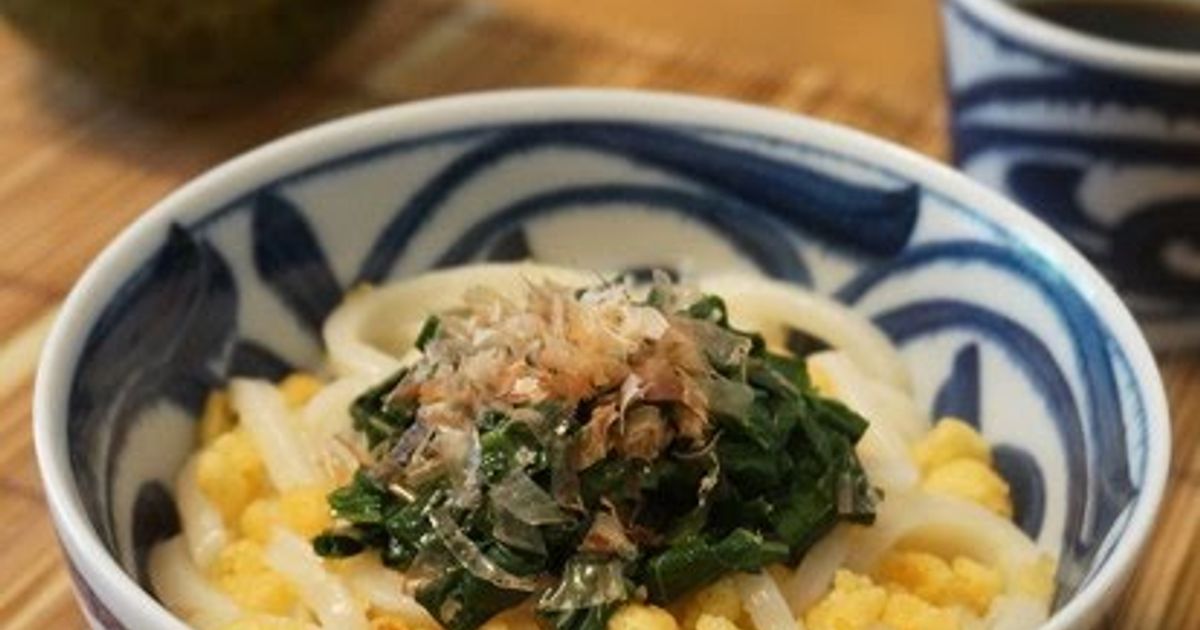 Mulukhiya Chilled Udon With Tempura Crumbs Recipe by cookpad.japan