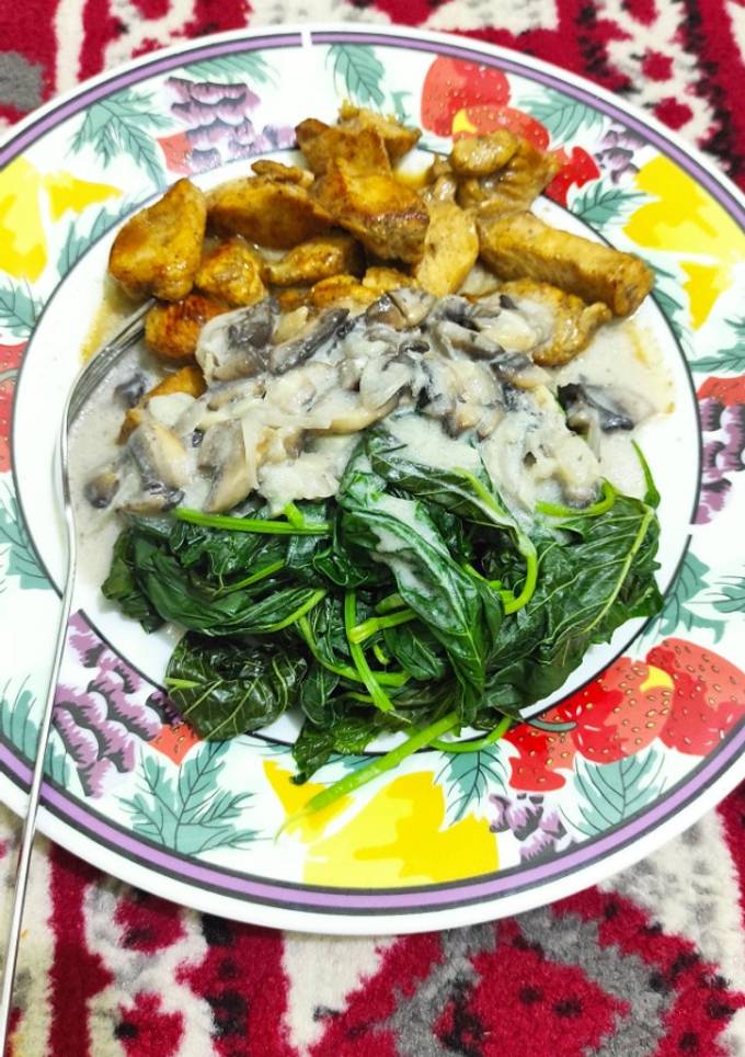 Resep Bayam saus jamur dan dada ayam kecap oleh Dini Ainun Fatma - Cookpad