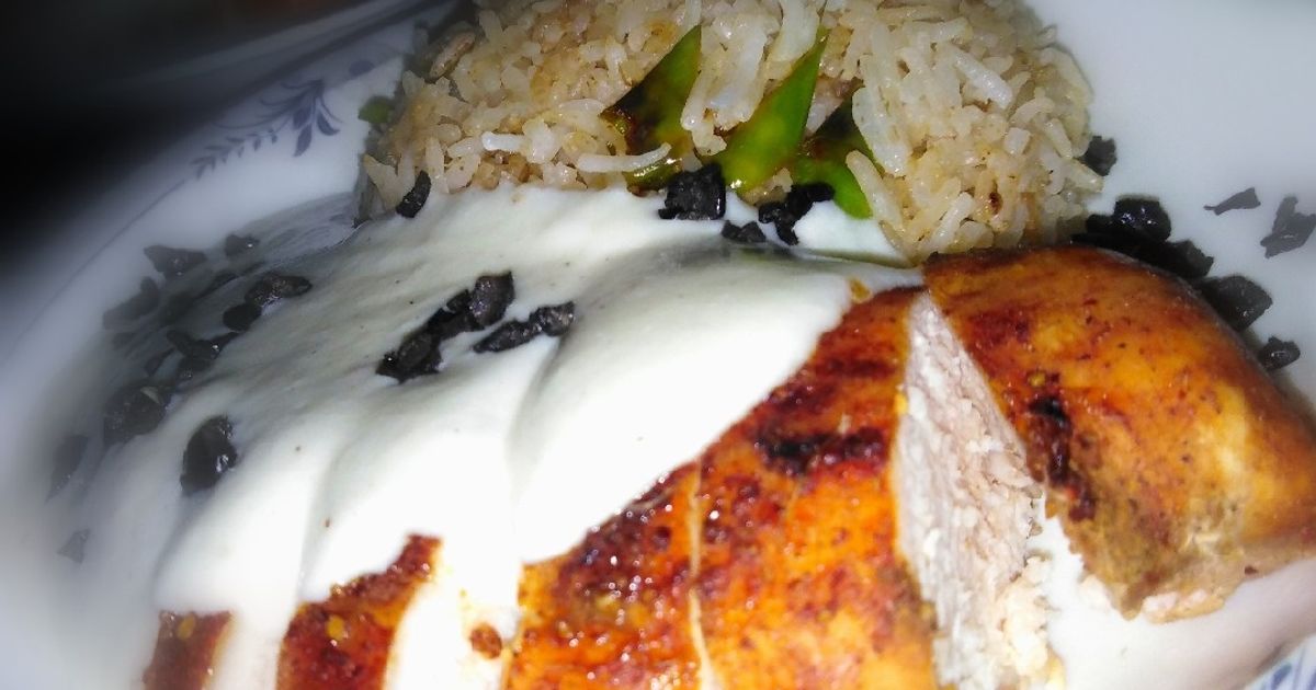 Chicken Steak With Chilli Garlic Rice And White Sauce Recipe by Haya ...