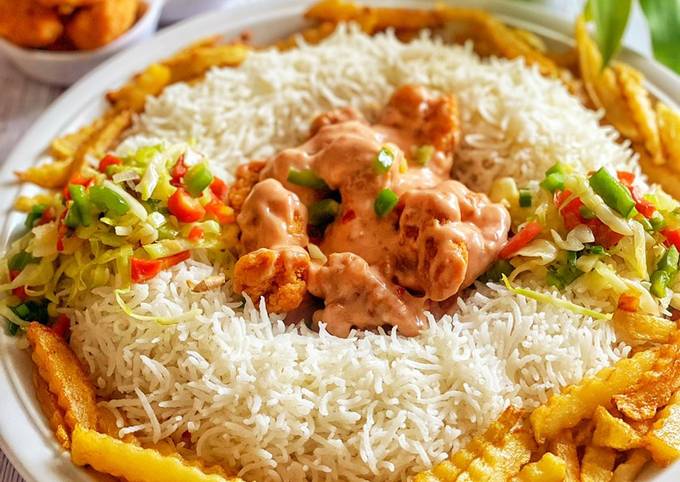 Saucy Crispy chicken with rice fries and vegetable Recipe by Erum Shah ...