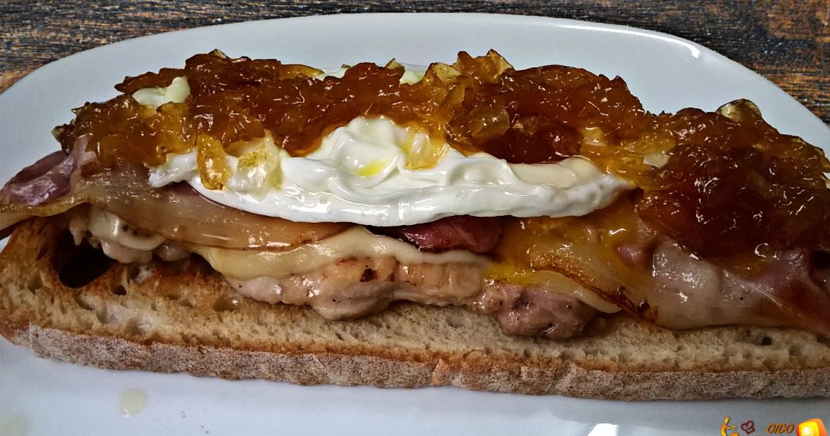 Chicken Toast With Cheese, Bacon, Fried Egg, And Caramelized Onions ...