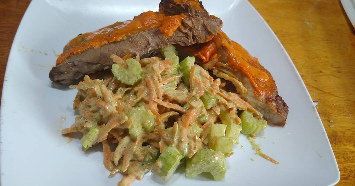 Chuleta, Roast Beef con picante de morrón y apio, zanahoria en crema ...
