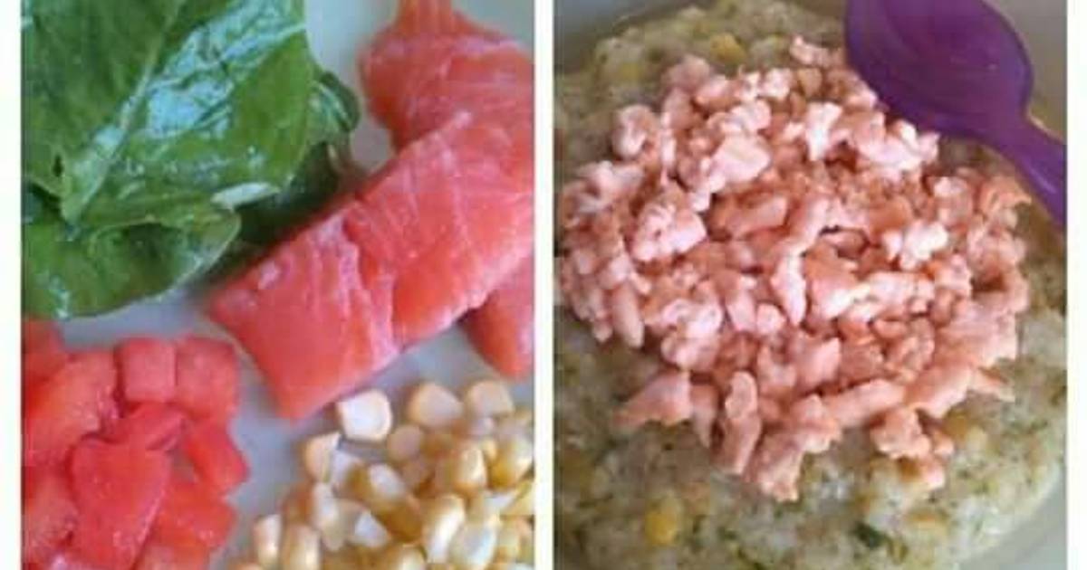 Resep Bubur Duo Karbo dan Sayuran tabur Salmon (MPASI 9m+) oleh Indry ...