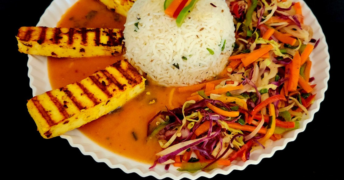 Spicy Grilled Paneer Steak Italian Herb Rice Schezwan Sauce With Exotic ...