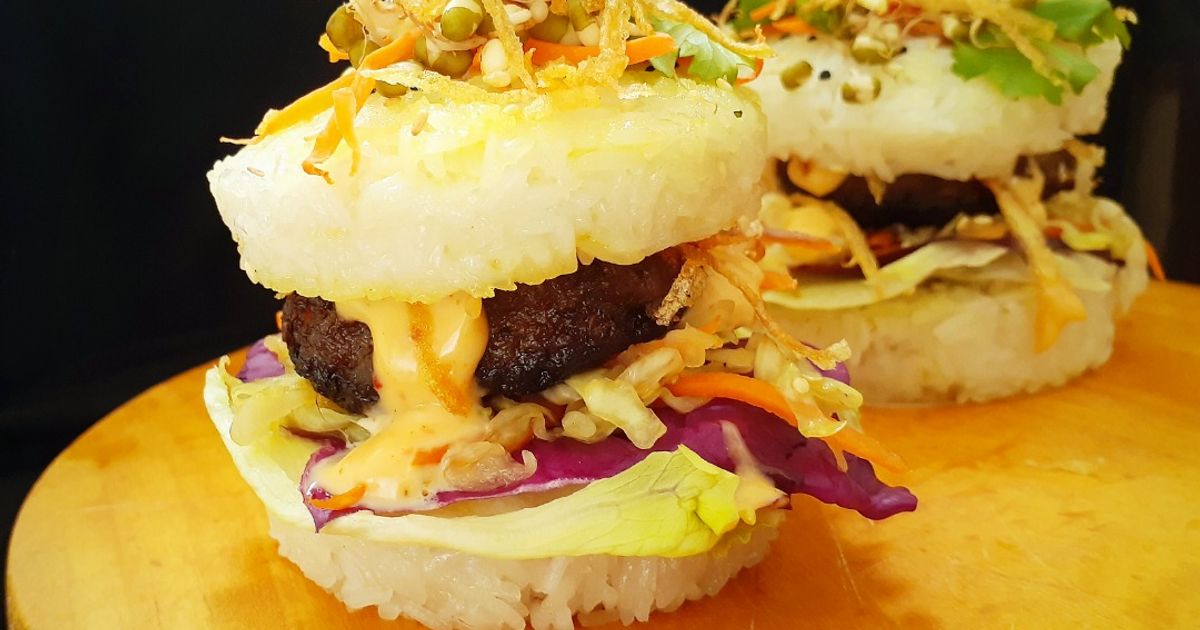 Japanise Sushi Burger With Mutton Kebab And Kimchi Salad Recipe by ...