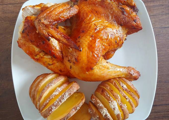Pollo horneado con papas hasselback Receta de Chef Luis Rea- Cookpad