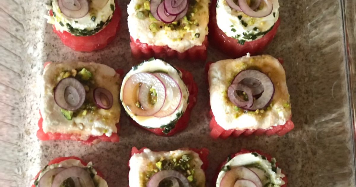 Watermelon Feta Cheese And Soft Cheese Canapés Recipe by Rekha Bapodra ...