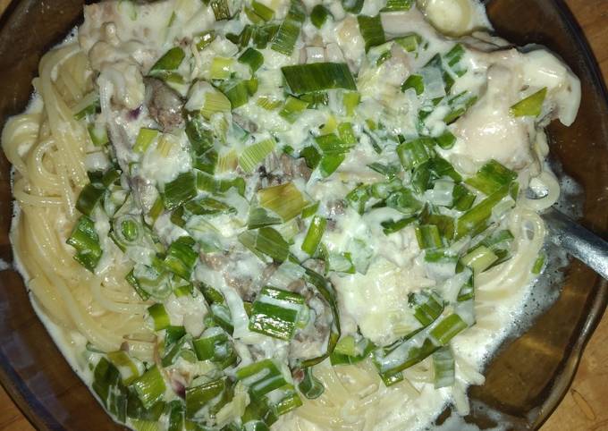 Pollo con crema al verdeo y fideos Receta de Belu Vega- Cookpad Pollo con crema al verdeo y fideos Receta de Belu Vega- Cookpad