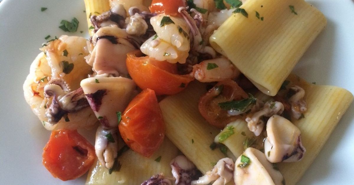 Paccheri With Calamari And Jumbo Shrimp Recipe by Mariassunta Gentile