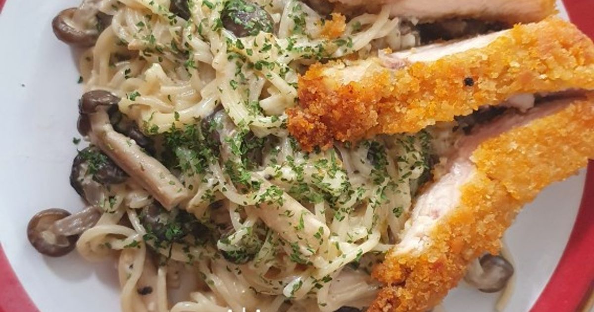 Resep Shimeji Creamy Pasta With Chicken Katsu oleh paprilia - Cookpad