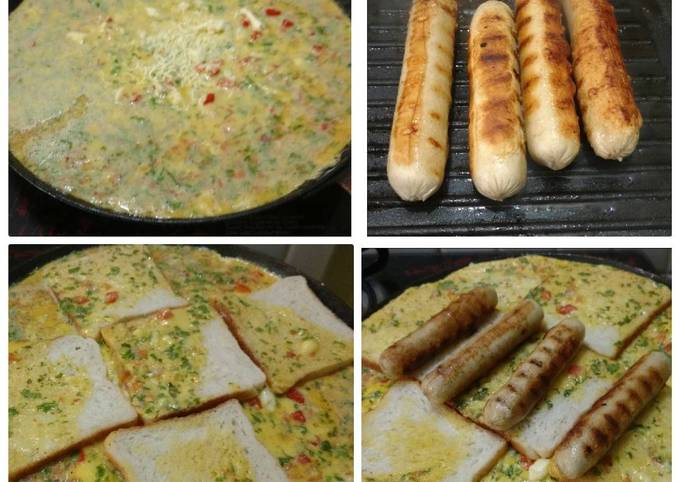 Cheesy omlet with bread and chi. sausages Recipe by Jully Wani Shetye ...