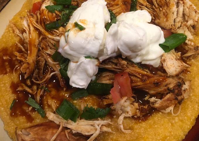 Shredded barbecue chicken over grits Recipe by Richard Scott Cunningham ...