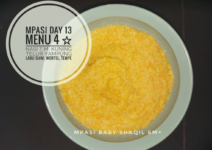 Resep MPASI 6M+ Menu 4 ☆》Nasi tim,kuning telur,labu siam,wortel,tempe ...