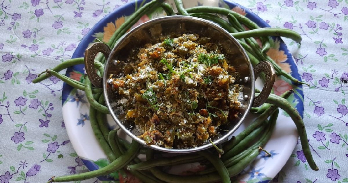 French Beens With Peanuts Crushed Bhaji Recipe by Varsha Narayankar ...
