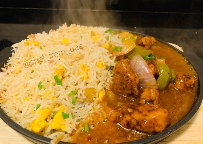 Sizzling Garlic burnt fried rice with chicken Manchurian Recipe by Chef ...