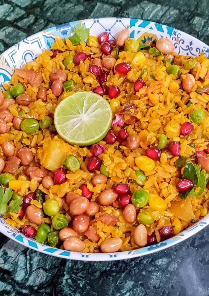 Red Poha Masala With Veggies, Sprouts and Nuts Recipe by Dr.Madhumita ...