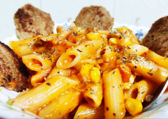 Orange Penne Pasta with Crispy Herb Bread Recipe by Loveena Bajaj Salve ...