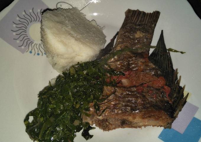 Fried fish with greens and ugali Recipe by jackline maina - Cookpad