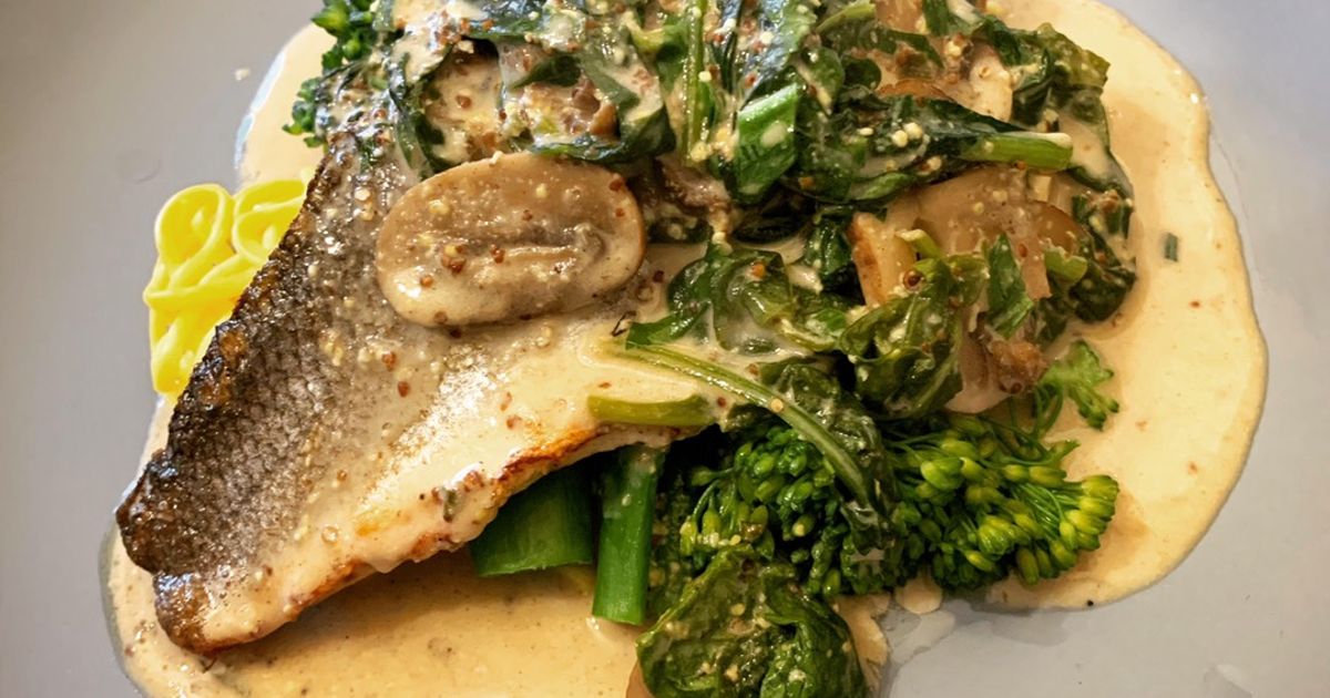 Pan Fried Sea Bass With Wholegrain Mustard, Mushroom & Spinach Sauce ...