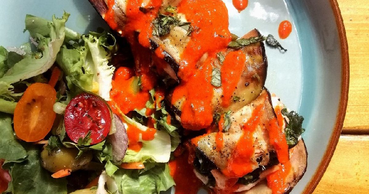 Salmon,Aubergine And Spinach Skewers With Red Pepper Dressing Recipe by ...